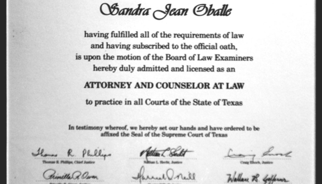 Texas Law License • Law Office of Sandra J. Oballe